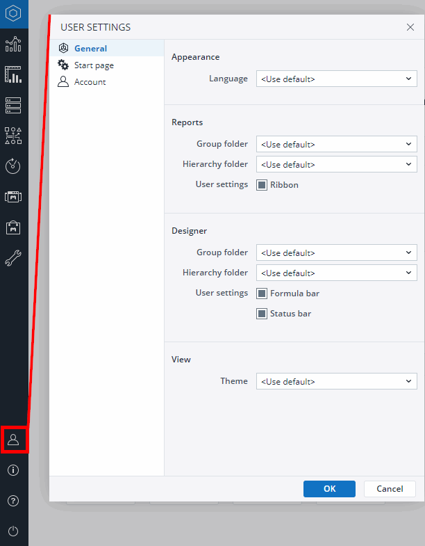User Settings Dialog in Jedox Web